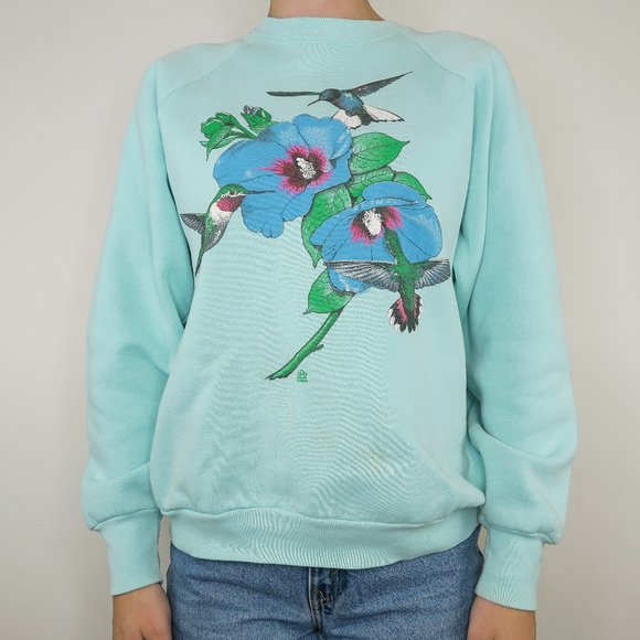 Tops | Vintage 8s Mint Green Floral Hummingbird Sweatshirt | Poshmark